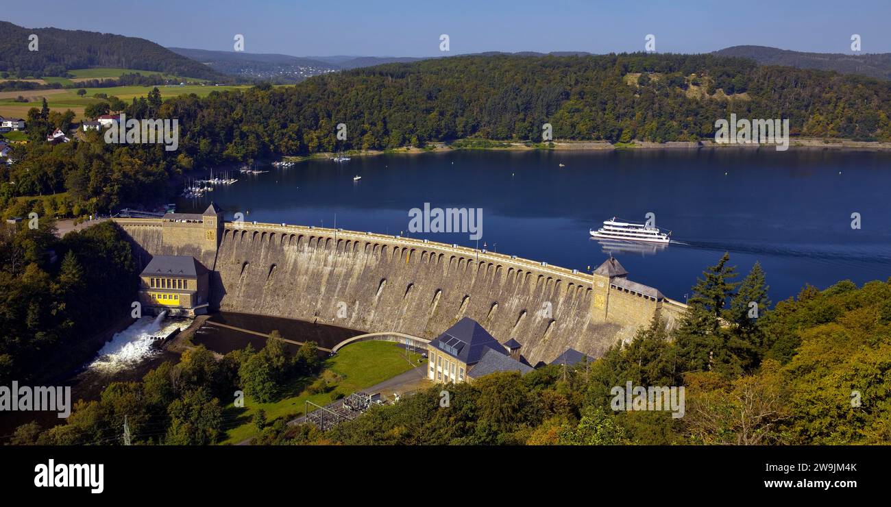 Aerial view of the Eder dam with the dam wall and a ship on the Edersee ...