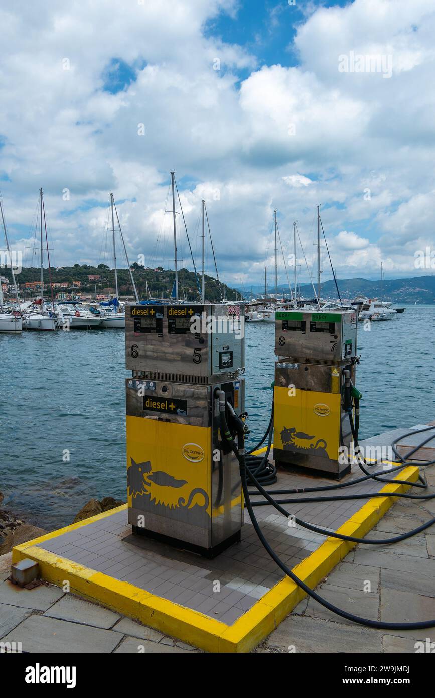 Portovenere, Italy, July 30, 2023. Marina fuel station for supplying ...