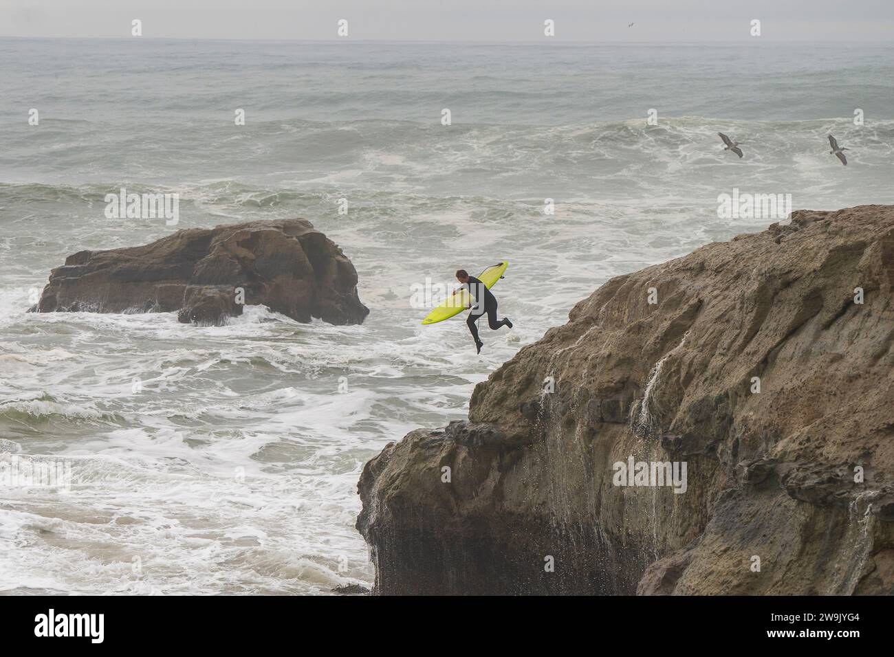 A surfer jumps in the water at Steamer Lane in Santa Cruz, Calif ...