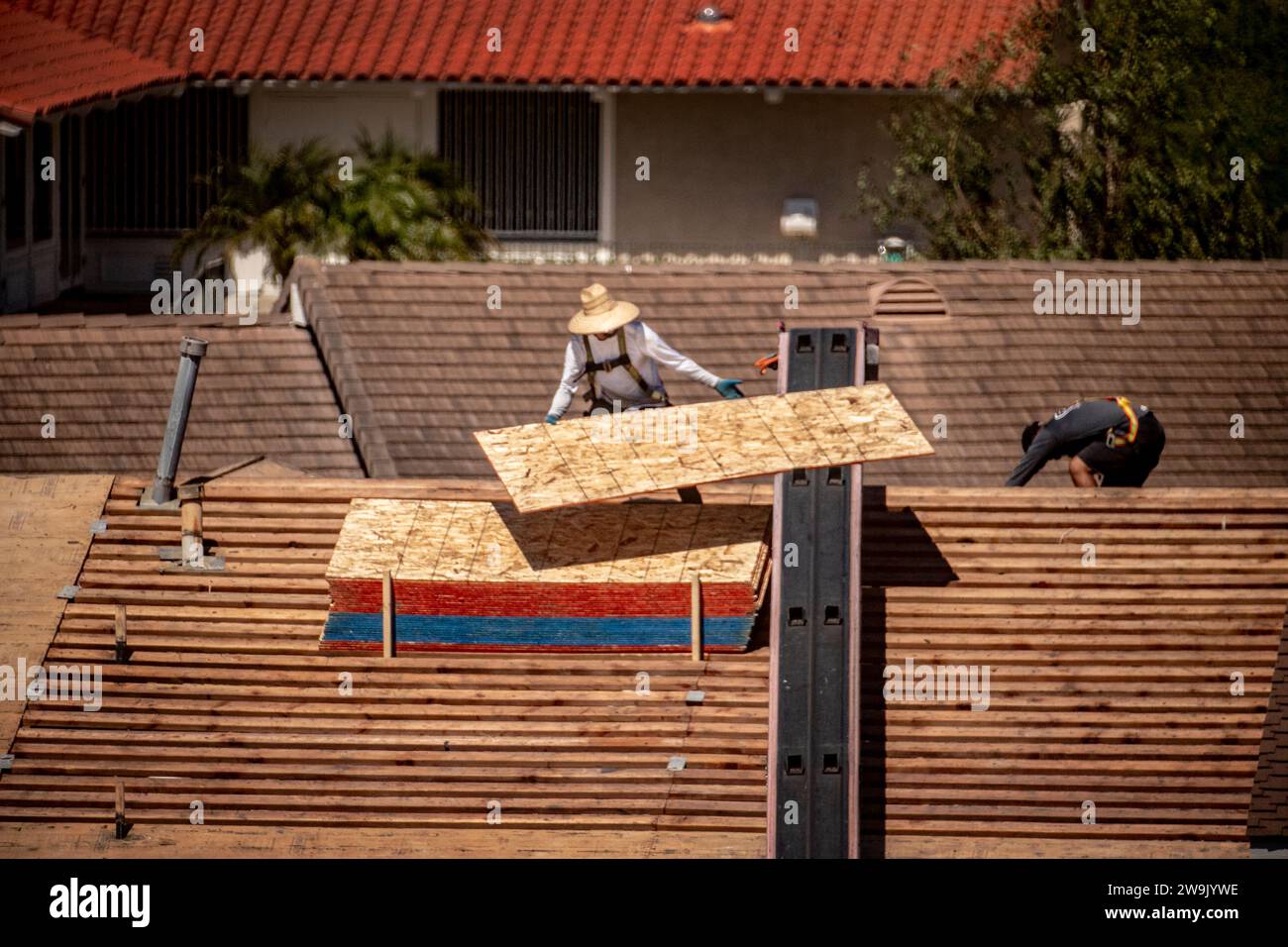 Preparing for a home roof replacement, Hispanic workmen stack ...