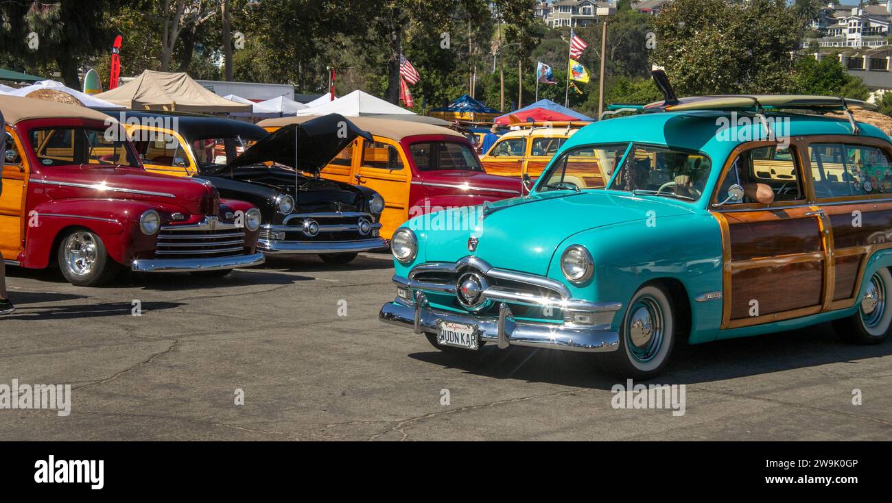 Vintage "woody" cars gather for an outdoor exhibition in Dana Point, CA ...