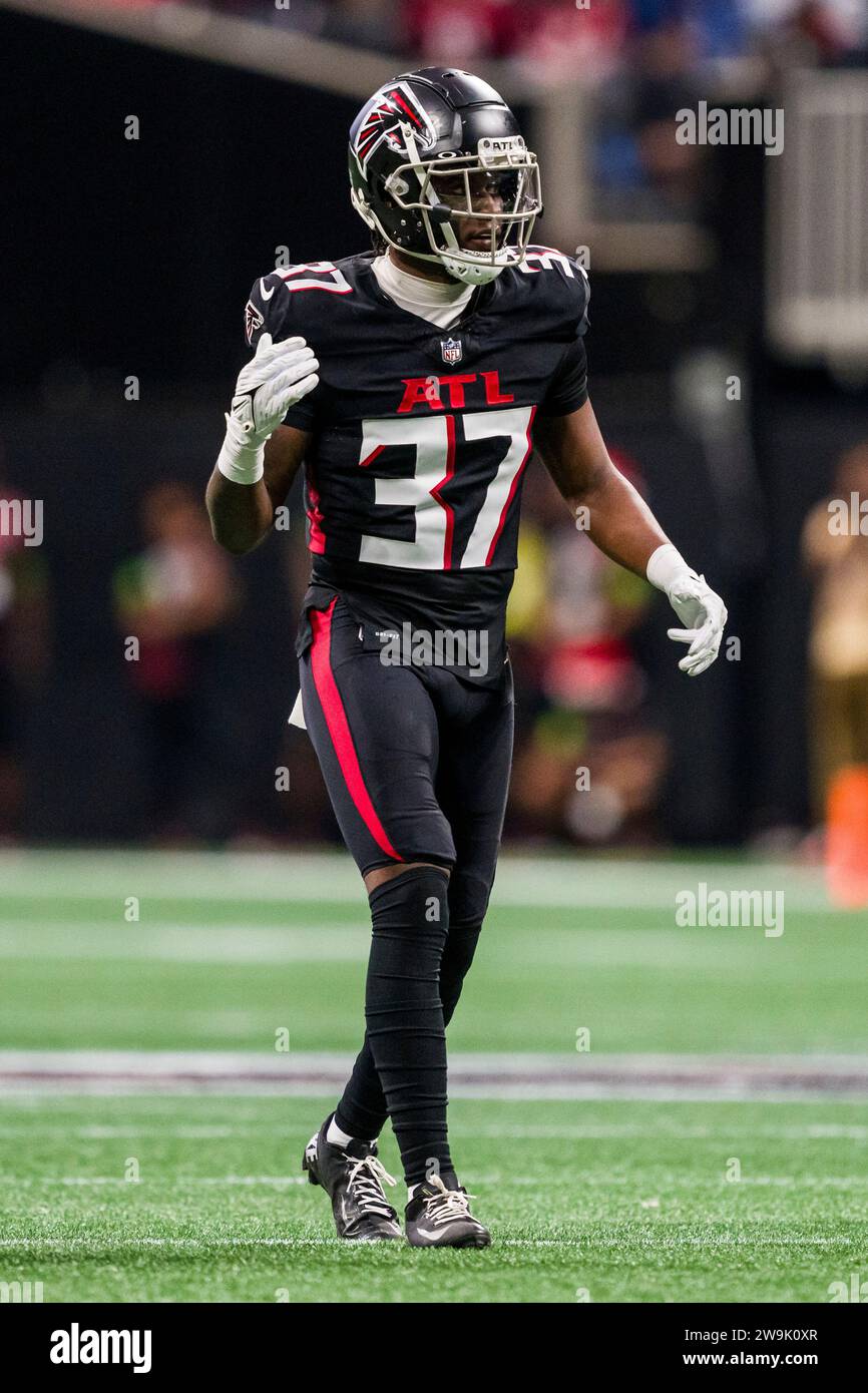 Atlanta Falcons safety DeMarcco Hellams (37) lines up during the first half of an NFL football ...