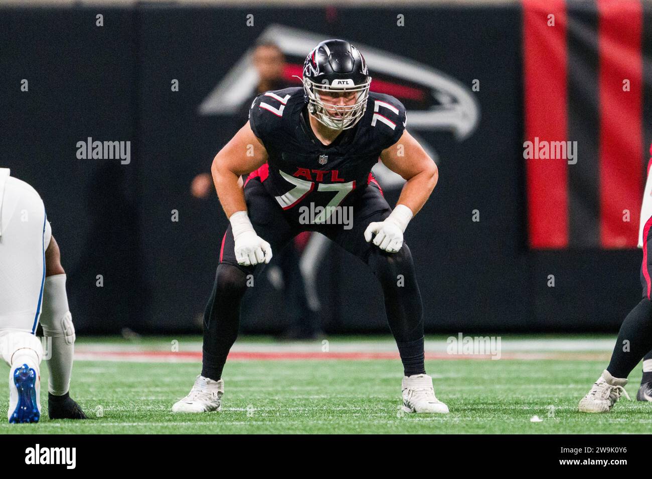 Atlanta Falcons offensive tackle Storm Norton (77) lines up during the ...