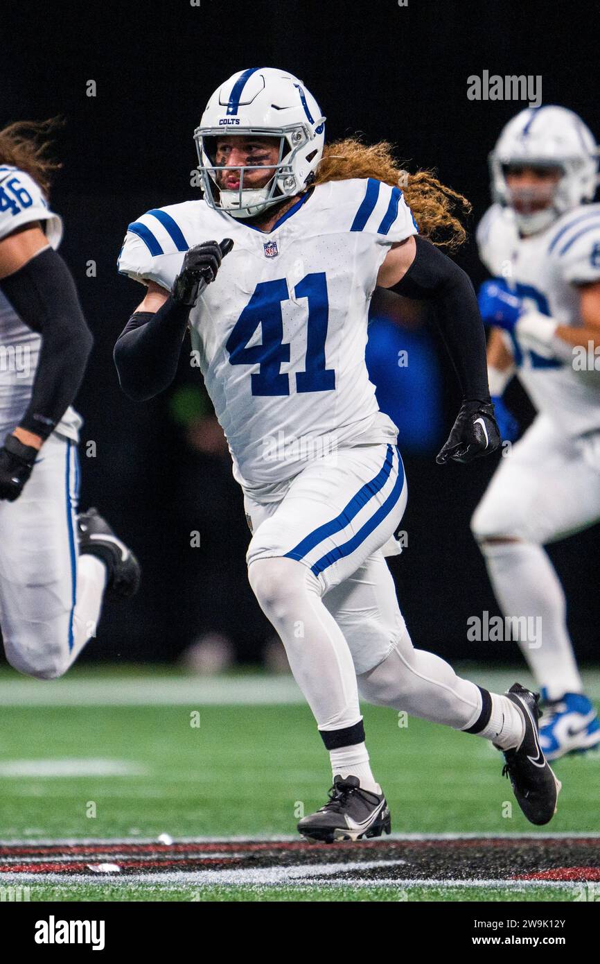 Indianapolis Colts linebacker Grant Stuard (41) works during the first half of an NFL football ...