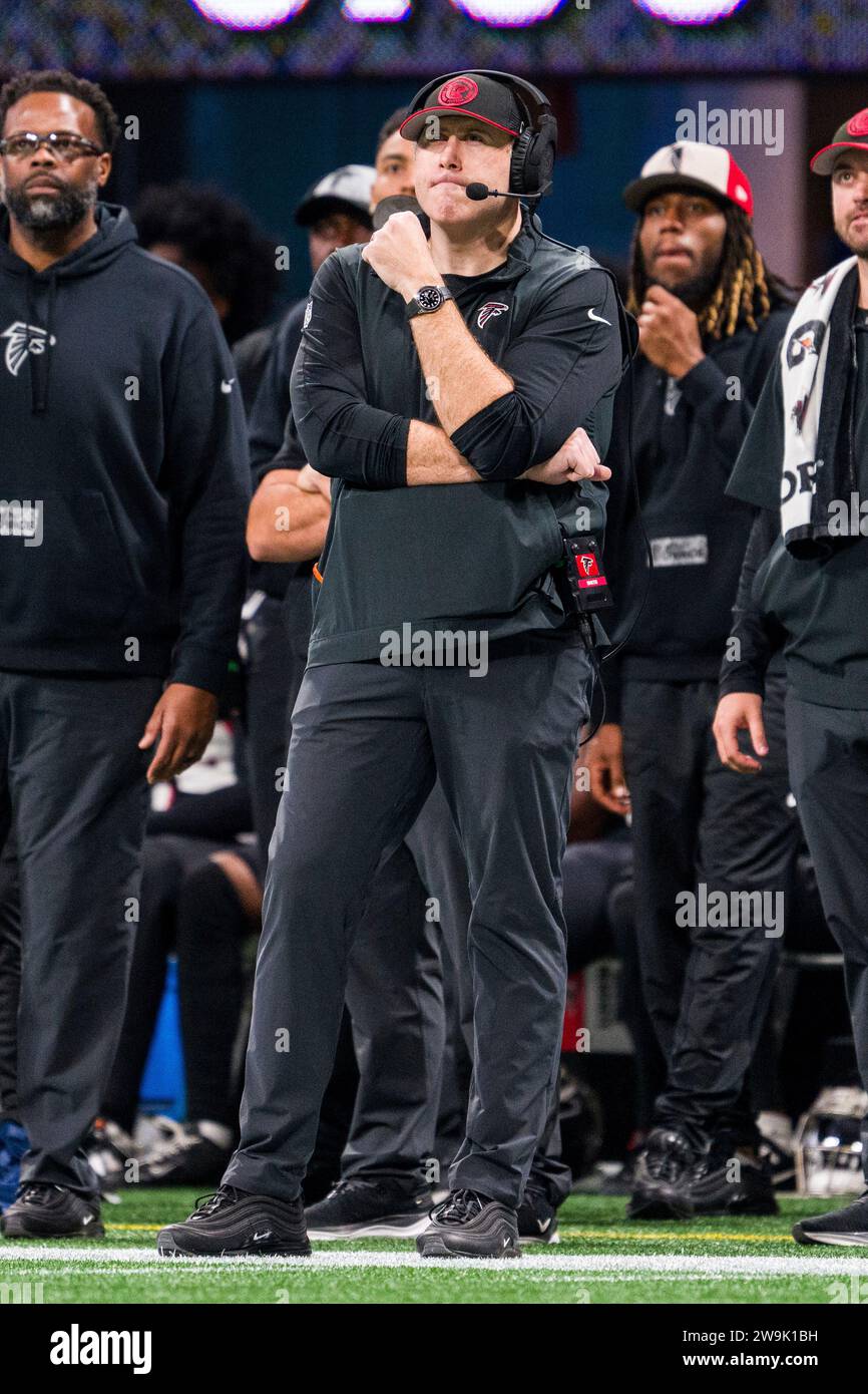 Atlanta Falcons head coach Arthur Smith works during the first half of ...
