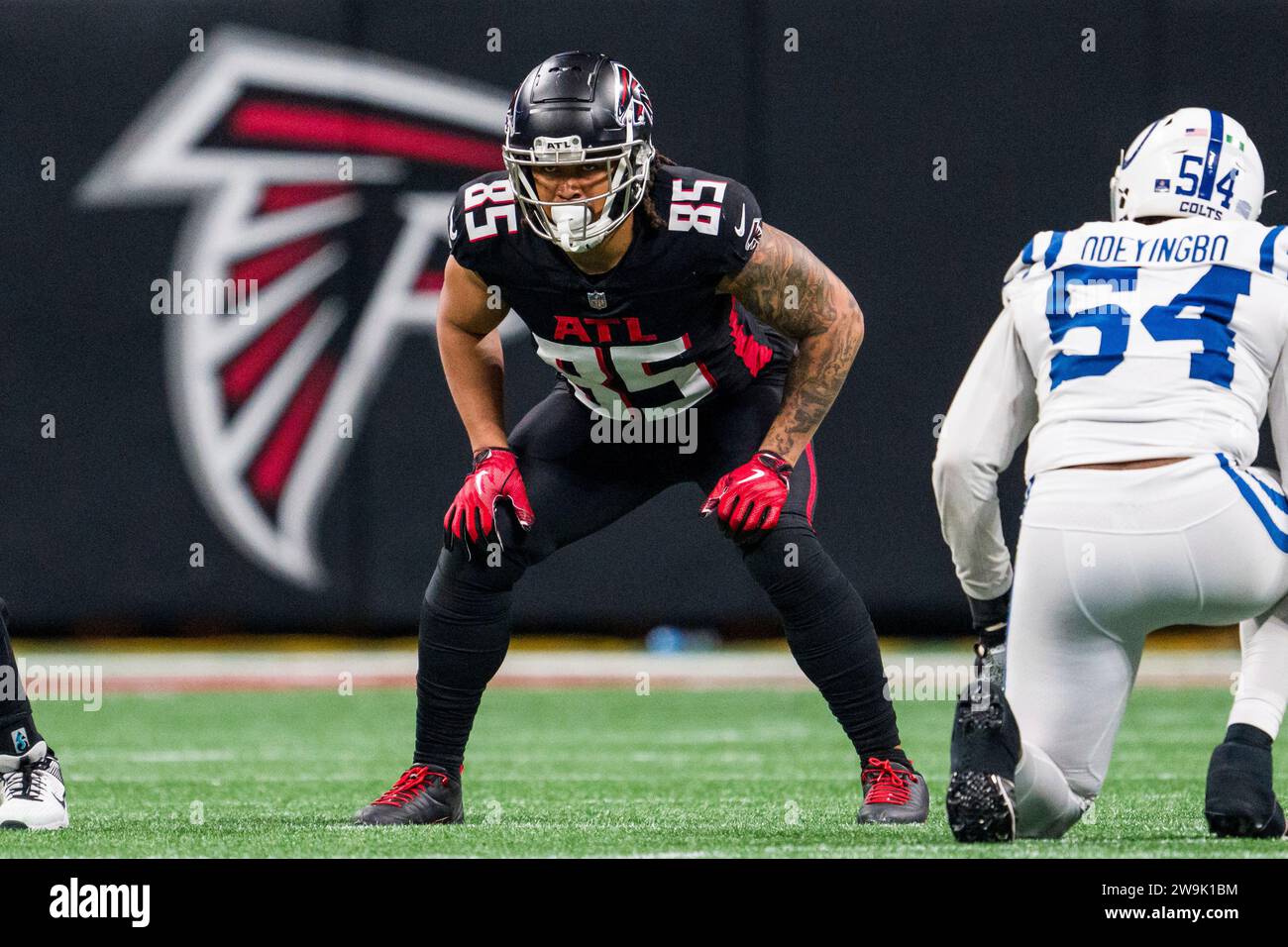 Atlanta Falcons tight end MyCole Pruitt (85) lines up during the second ...