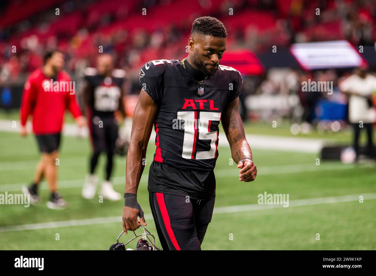 Atlanta Falcons wide receiver Van Jefferson (15) walks off the field ...
