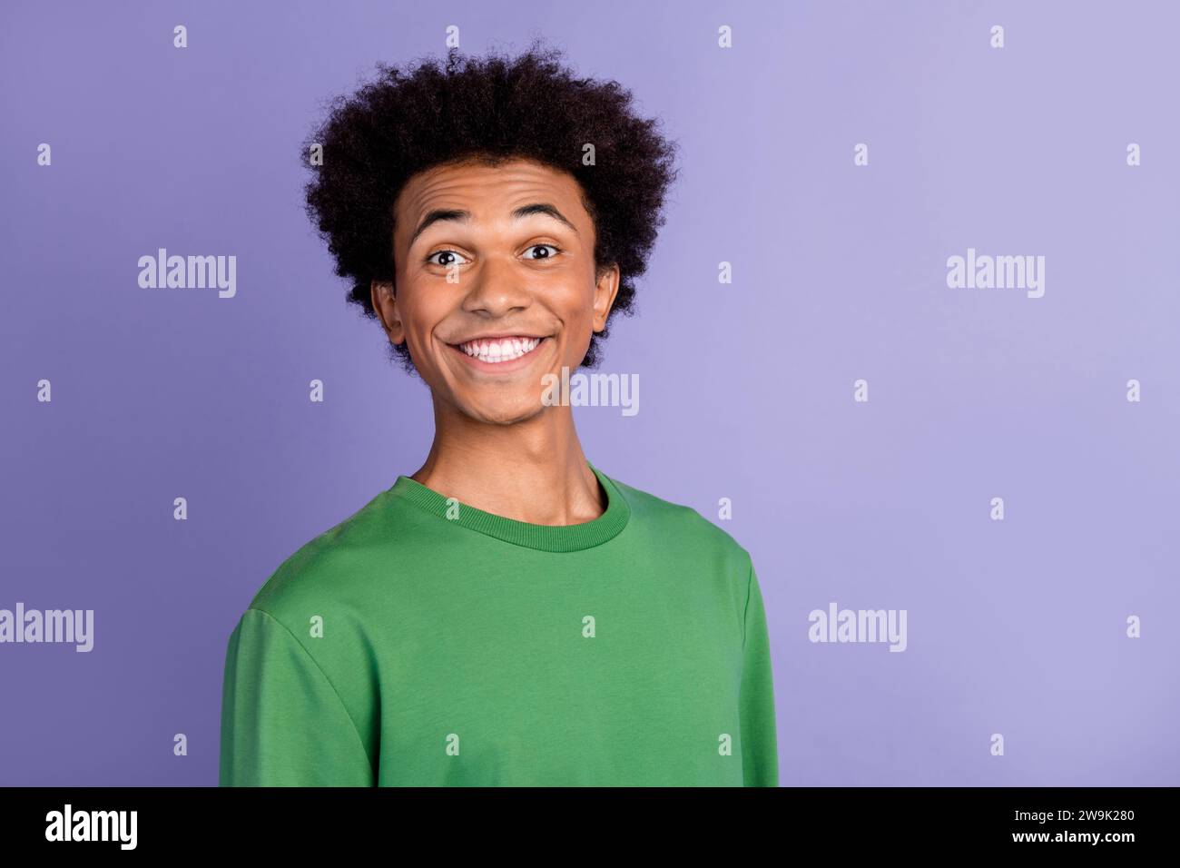 Photo of cool positive guy wear green pullover smiling empty space ...