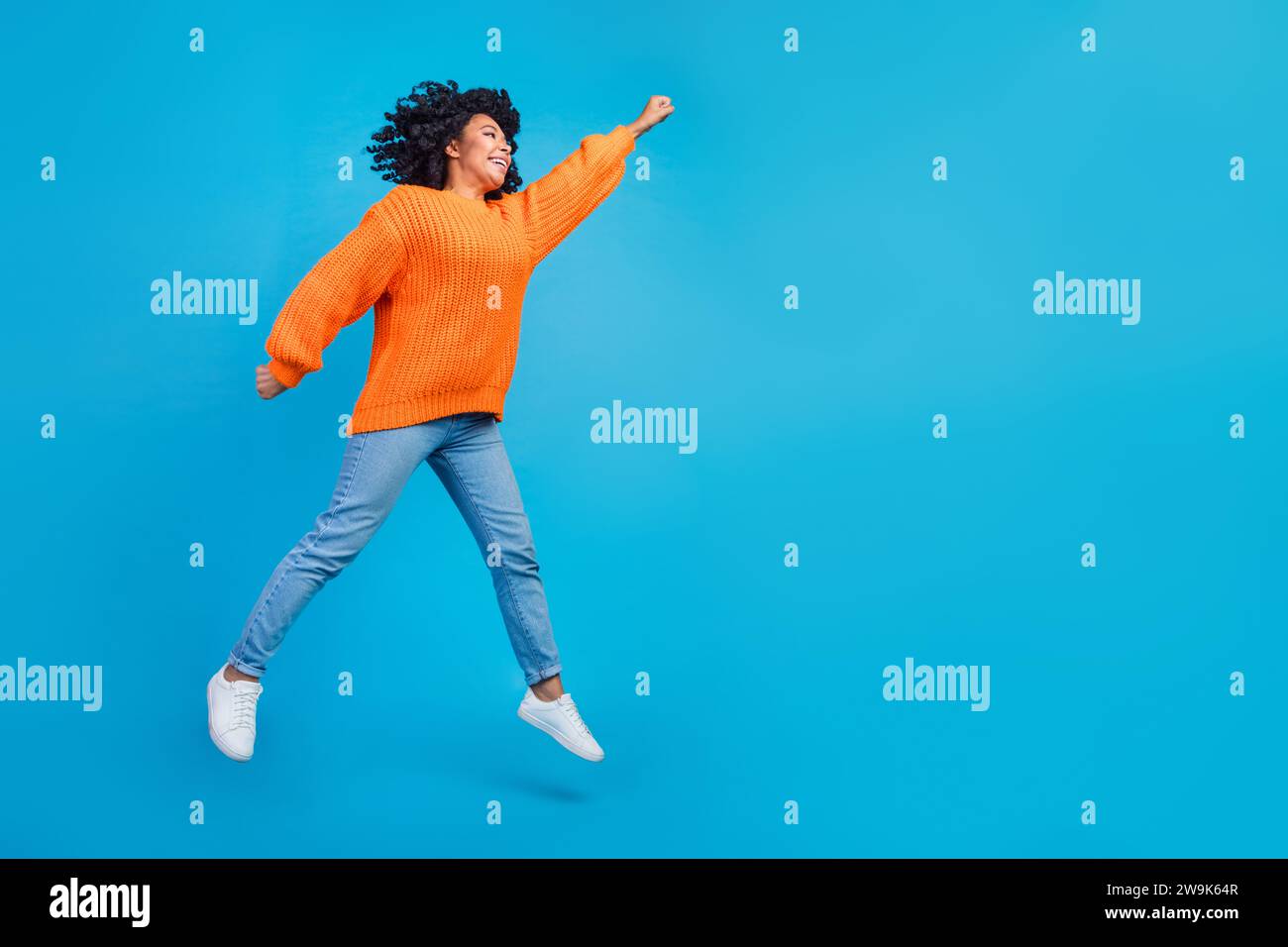 Full size photo of pretty young girl jumping superhero flying dressed ...