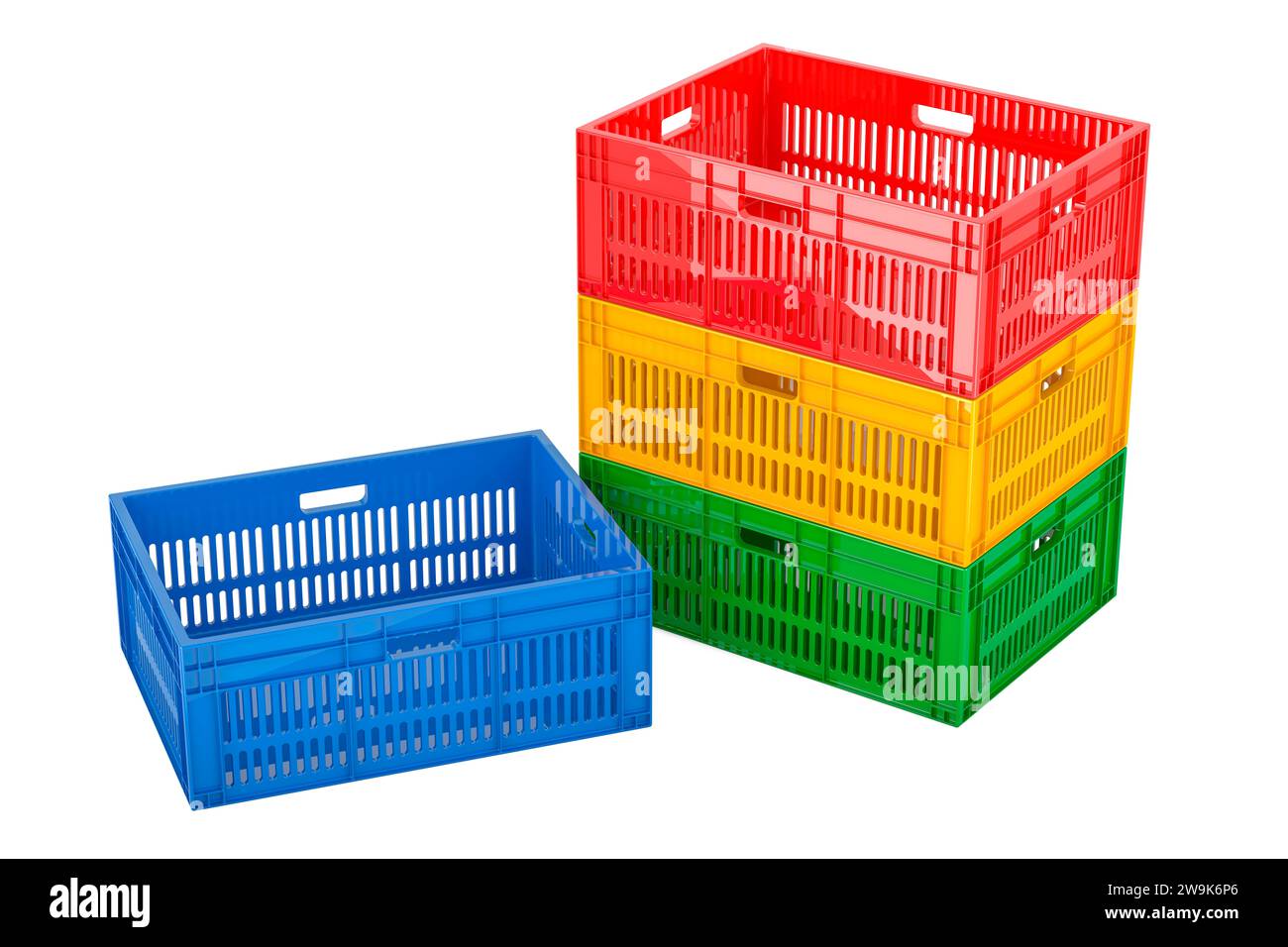 Empty plastic crates, 3D rendering isolated on white background Stock ...
