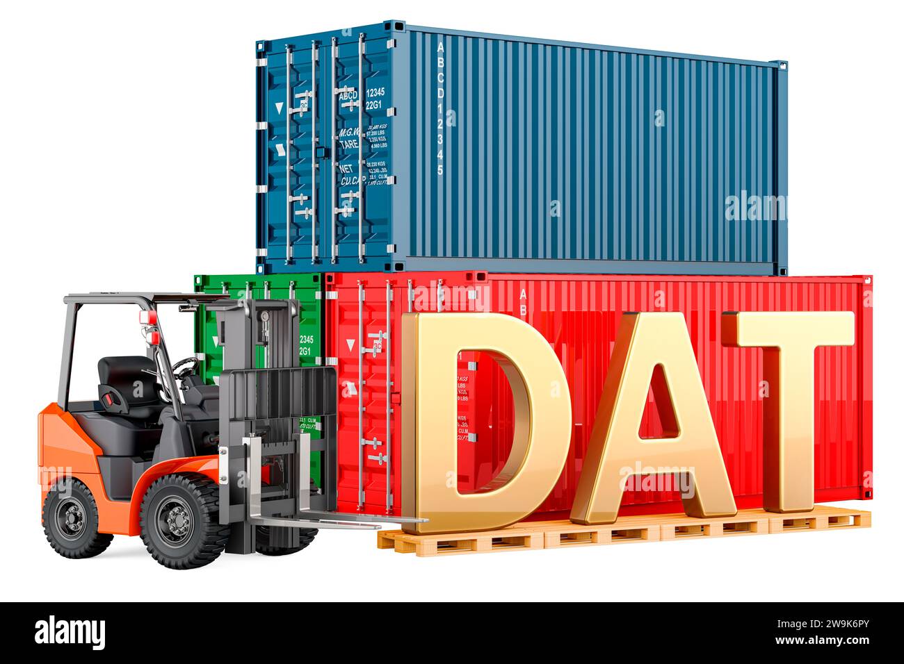 DAT concept. Forklift truck with cargo containers, 3D rendering ...