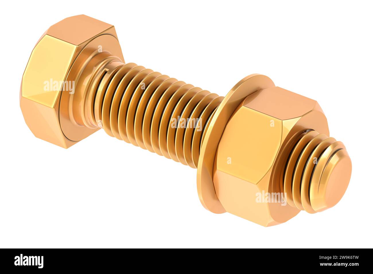 Copper bolt with nut and washer, 3D rendering isolated on white ...