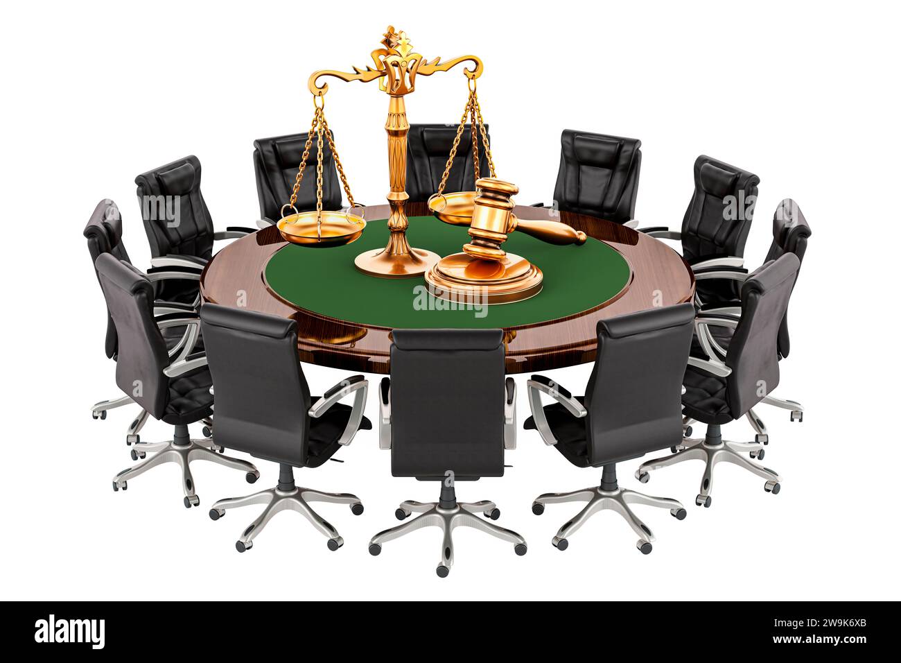Round table with wooden gavel and scales of justice, armchairs around ...