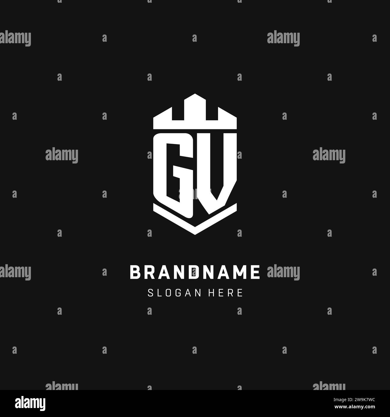 GV monogram logo initial with crown and shield guard shape style vector ...