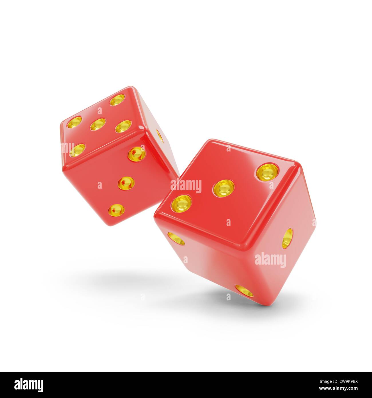 Two red dice with gold dots isolated on white background. 3d ...