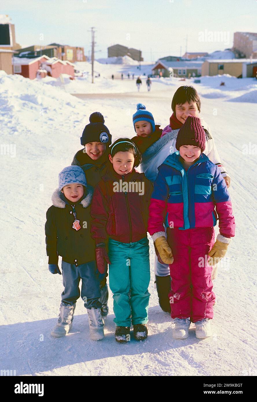 Inuit children pose for a photograph during school recess, Iqaluit ...