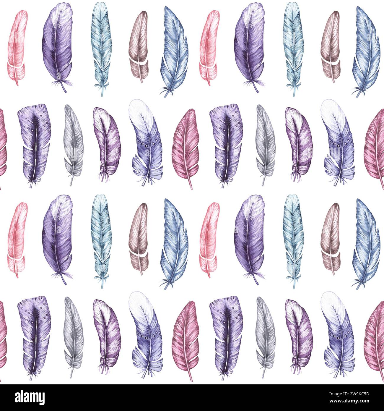 Watercolor set of bird feathers, seamless pattern. Hand drawn bird ...