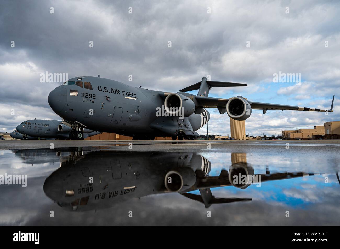A C-17 Globemaster III assigned to the 911th Airlift Wing sits on the ...