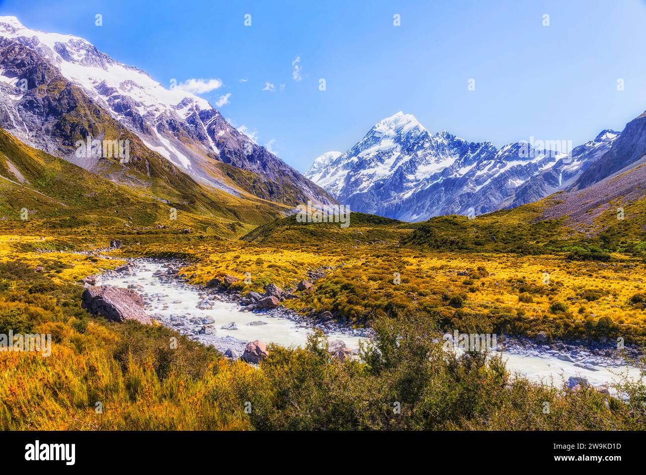 Hooker river in scenic vale of Mt Cook national park on New Zealand ...