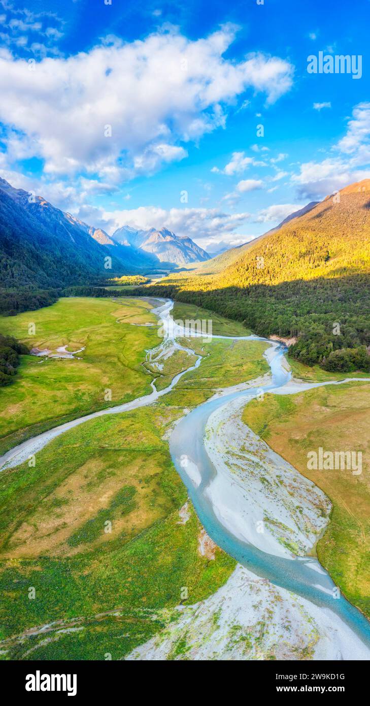 Flat wide Riverbed of Eglinton river in Fiordland of New Zealand South ...