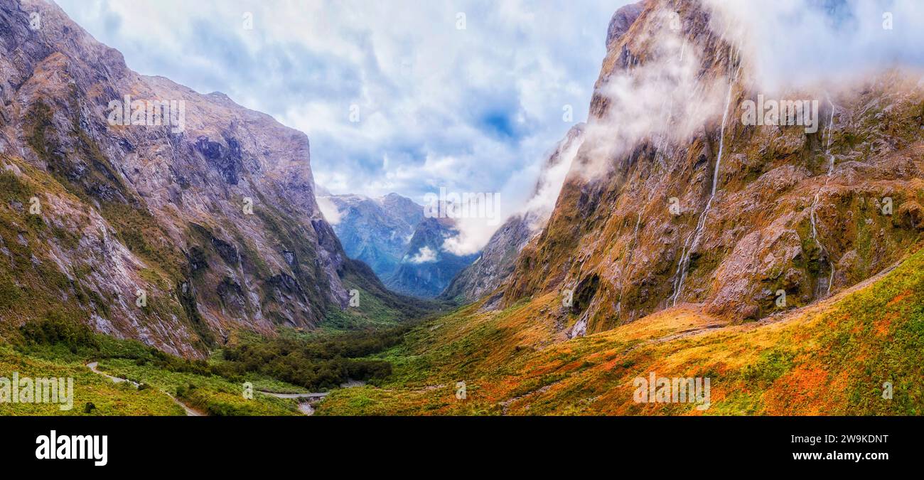 Scenic aerial panorama of mountain valley in Milford sound fiordland of ...