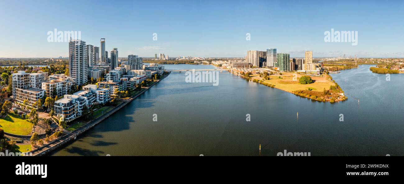 Aerial cityscape of Rhodes and Wentworth point urban high-rise aparment ...