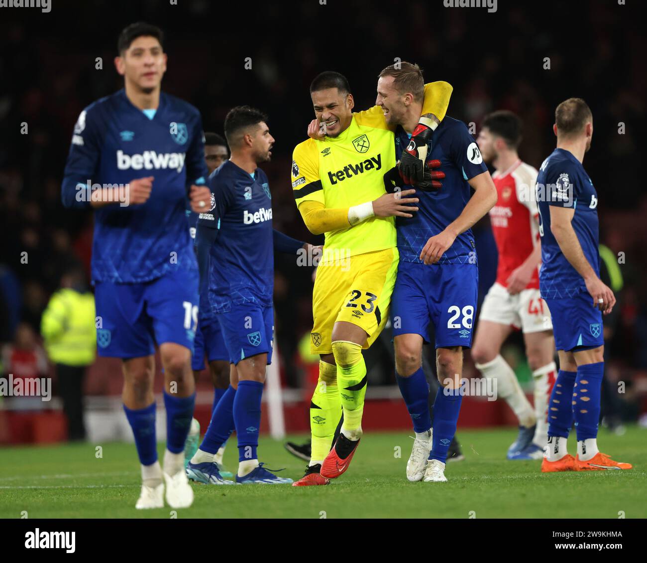 London, UK. 28th Dec, 2023. Alphonse Areola (WHU) and Tomas Soucek (WHU ...