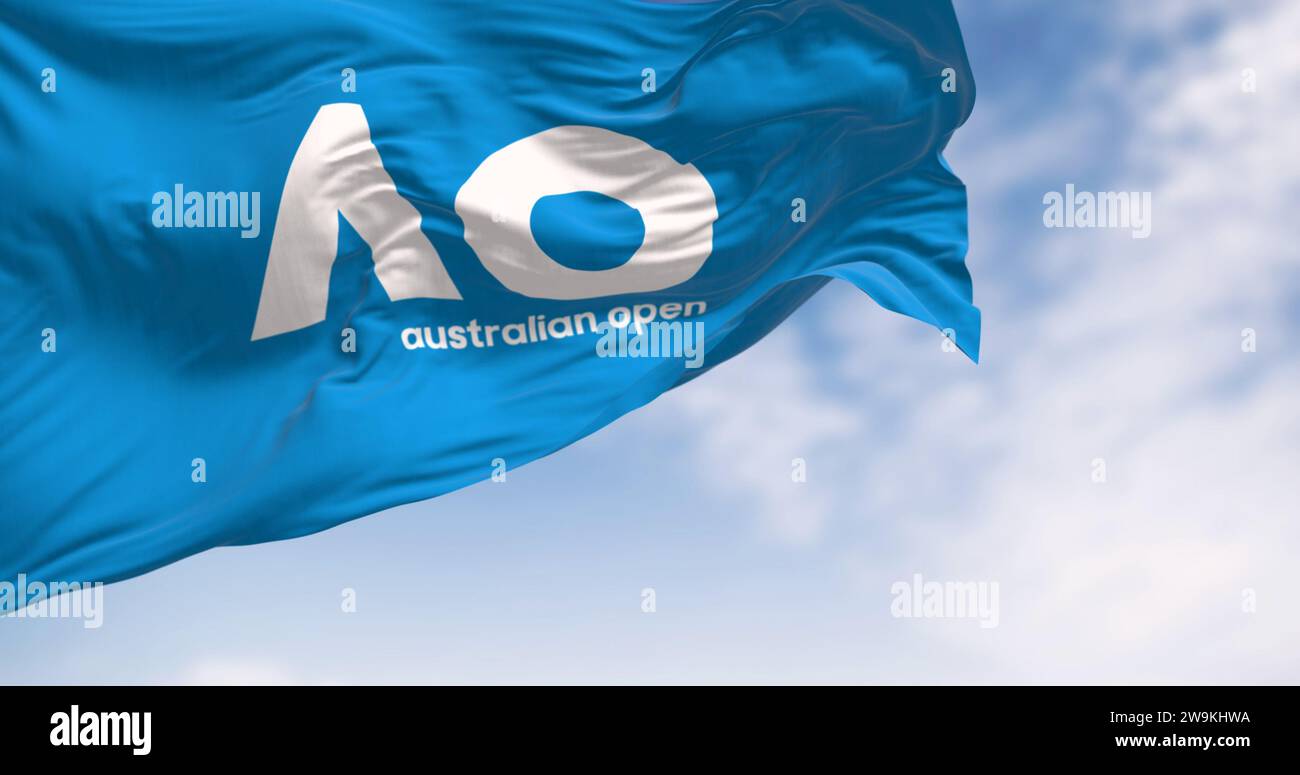 Melbourne, AU, Dec 1 2023: Close-up of Australian Open flag waving ...