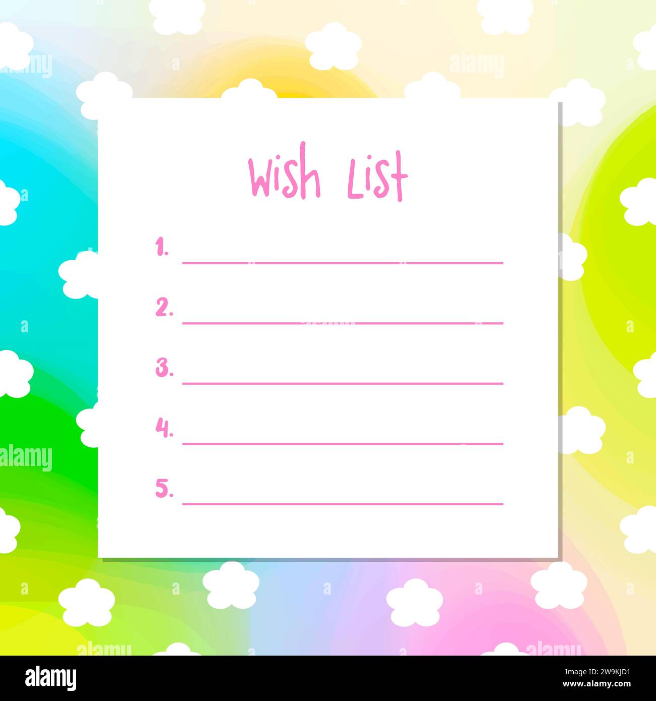 The Wish list, template. Printable. White clouds on colorful background ...