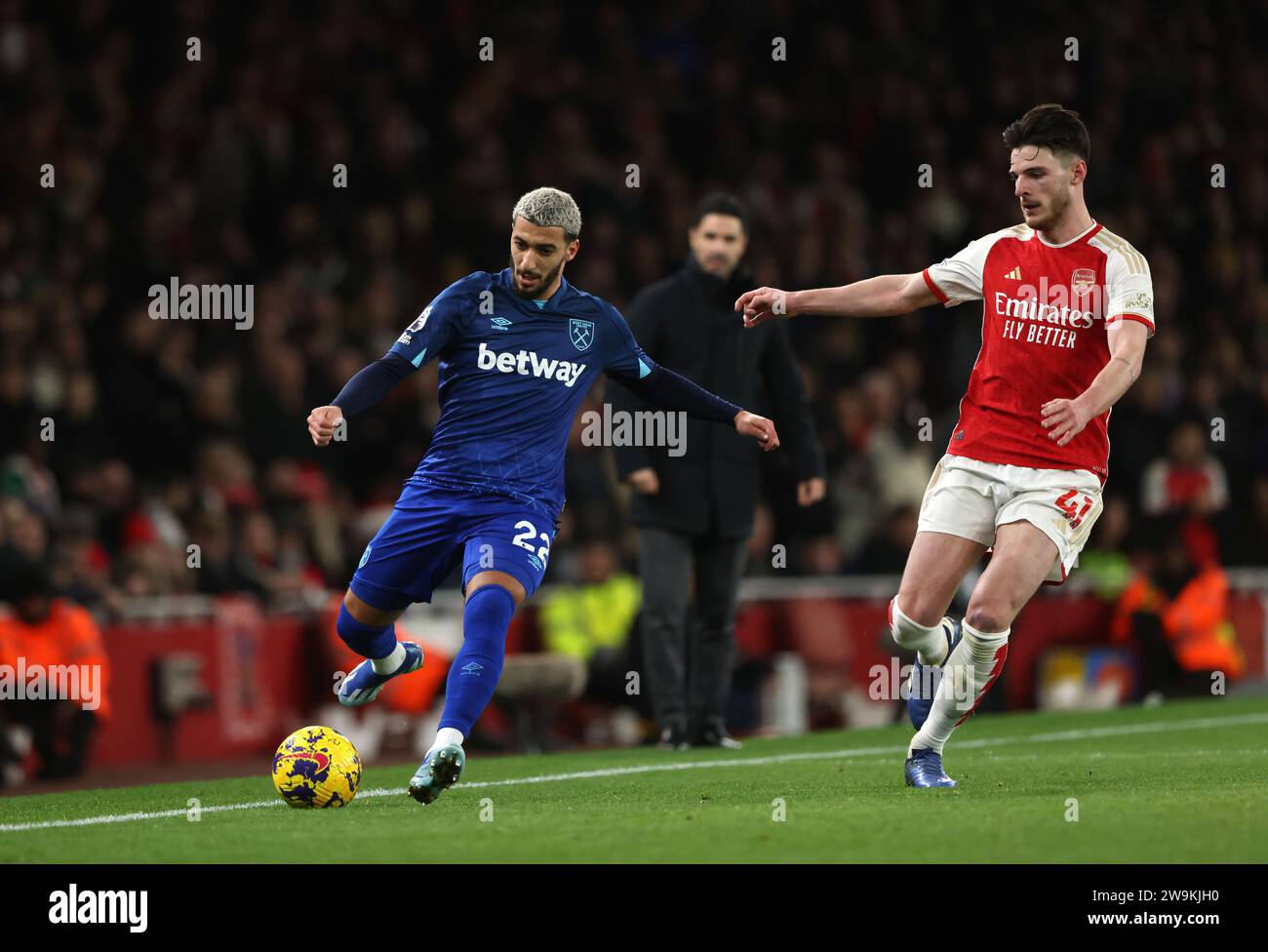 London, UK. 28th Dec, 2023. Said Benrahma (WHU) Declan Rice (A) at the ...