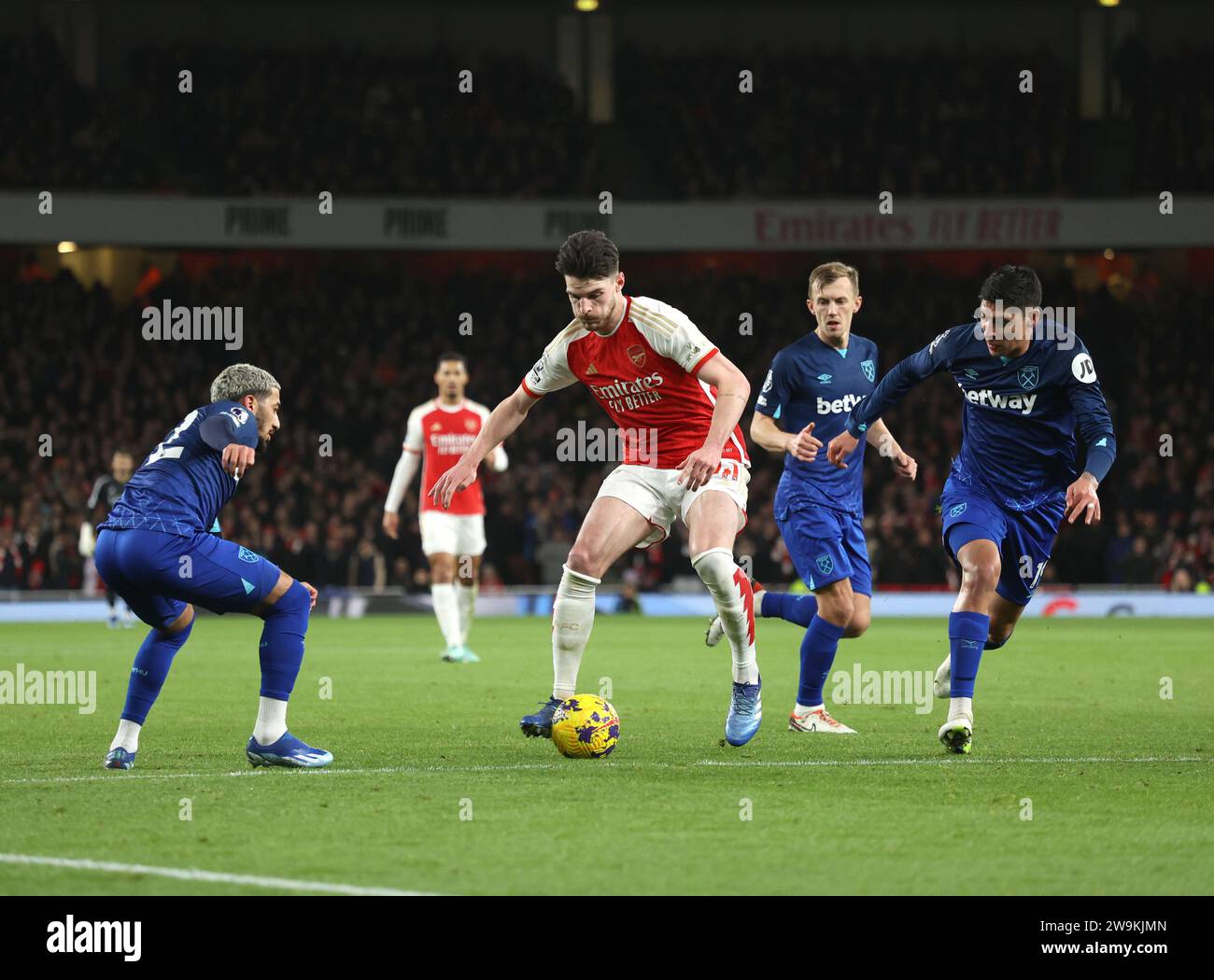 London, UK. 28th Dec, 2023. Said Benrahma (WHU) Declan Rice (A) James ...