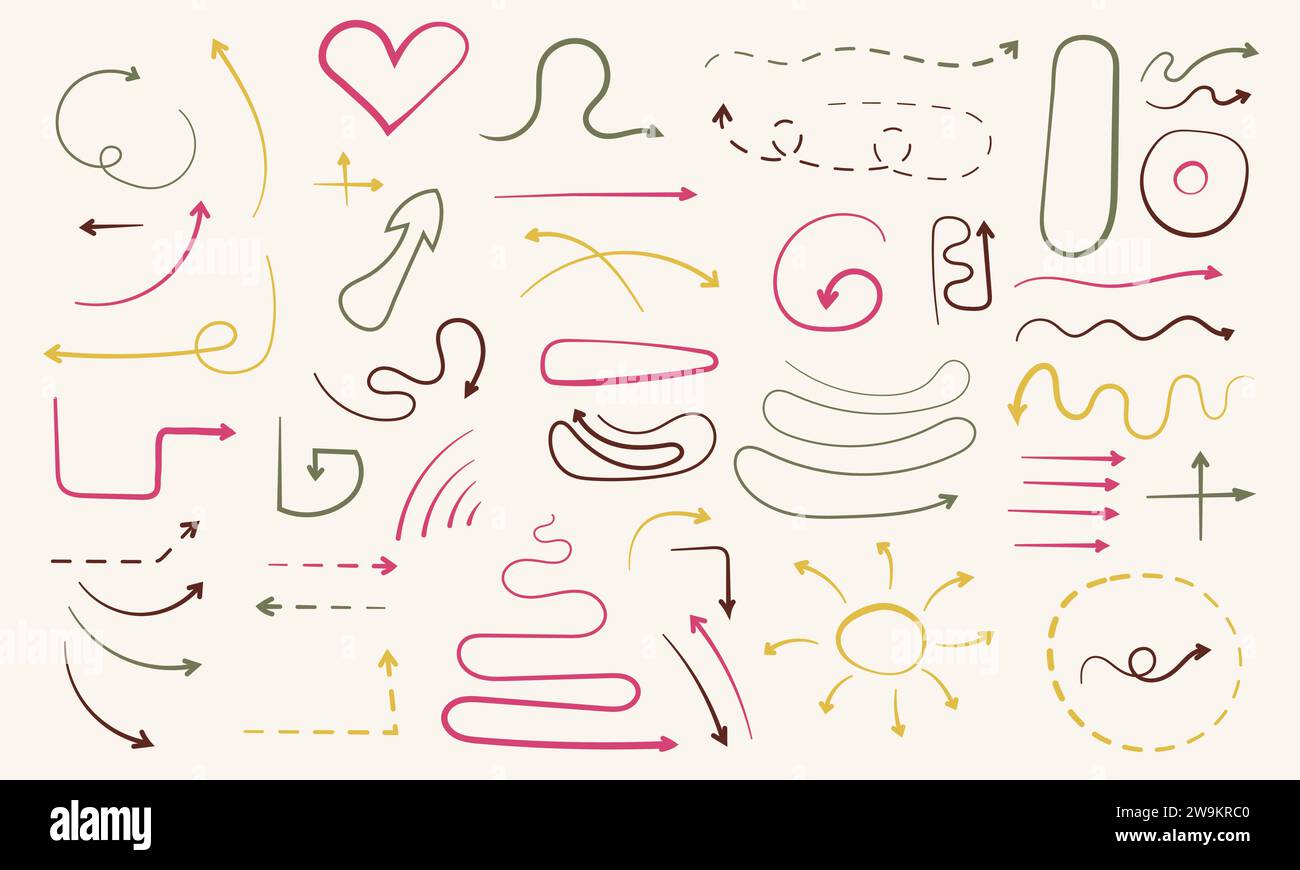 Set of hand-drawn different colorful arrows. Doodle curved, pointer ...