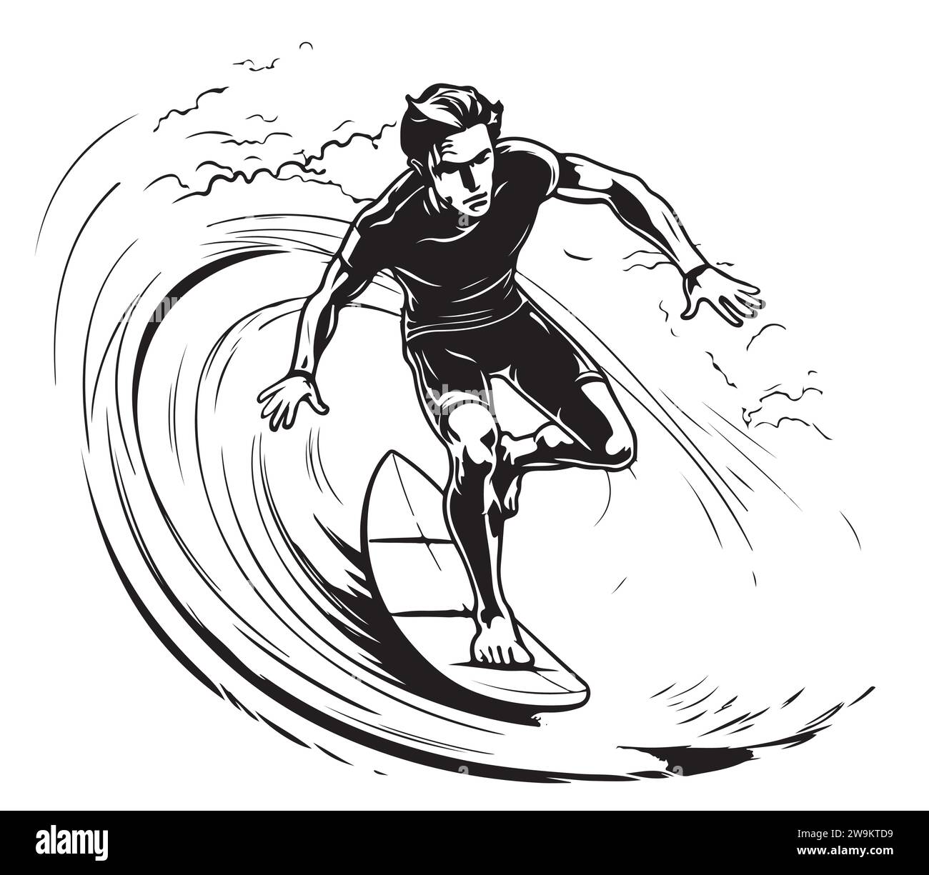 Surfer in wave brush ink sketch hand drawn serigraphy print Vector ...