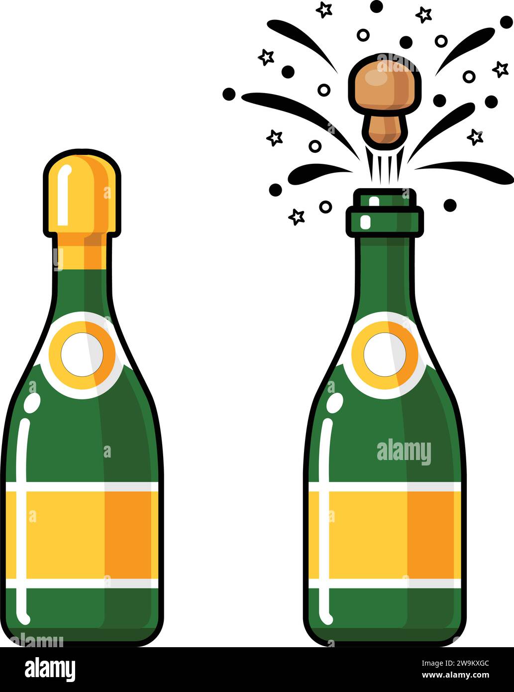 Champagne bottles set in cartoon style. Closed and open champagne ...