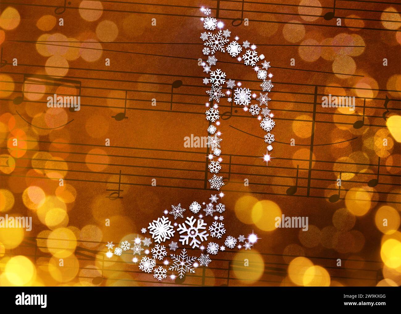 Music note made of snowflakes against sheet with musical symbols. Bokeh ...