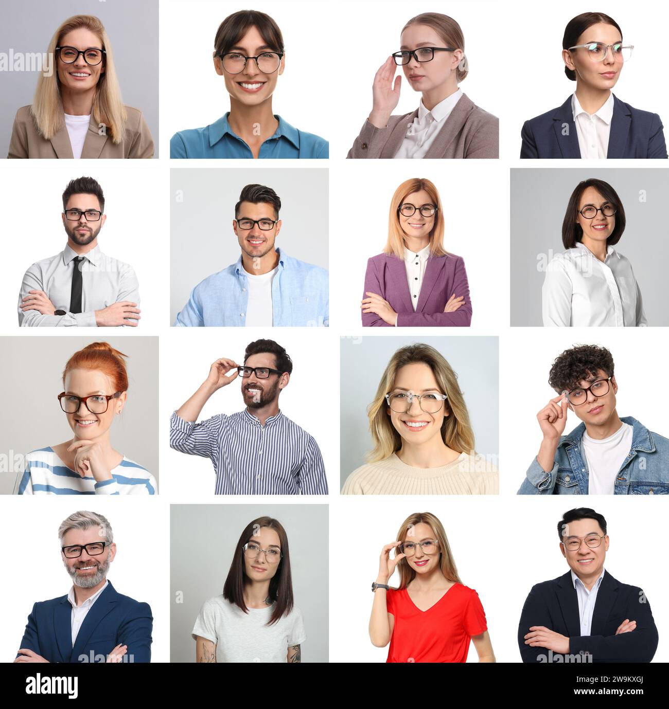 Many people in glasses on different backgrounds, collection of photos ...
