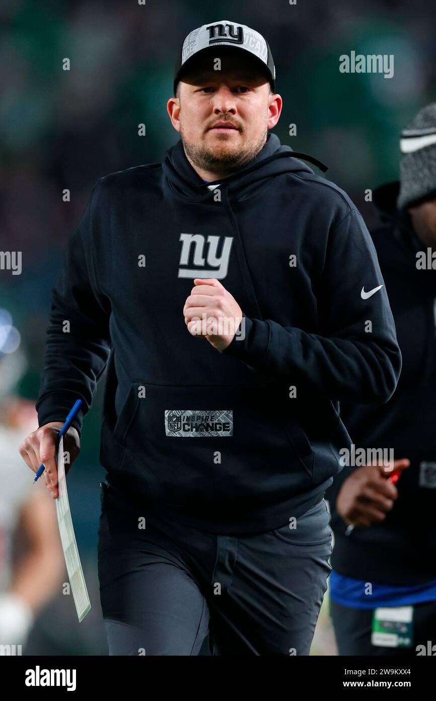 New York Giants quarterbacks coach Shea Tierney looks on during an NFL game against the ...