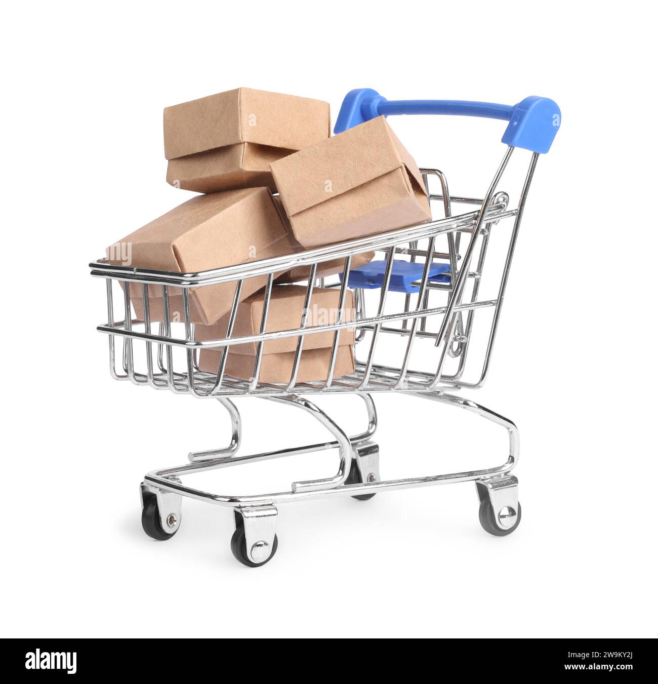 Small metal shopping cart with boxes isolated on white Stock Photo - Alamy