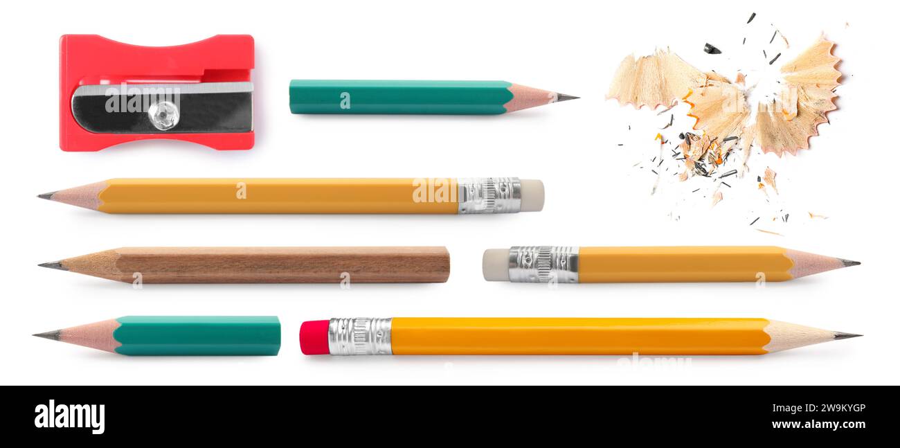 Different graphite pencils, sharpener and shavings isolated on white ...
