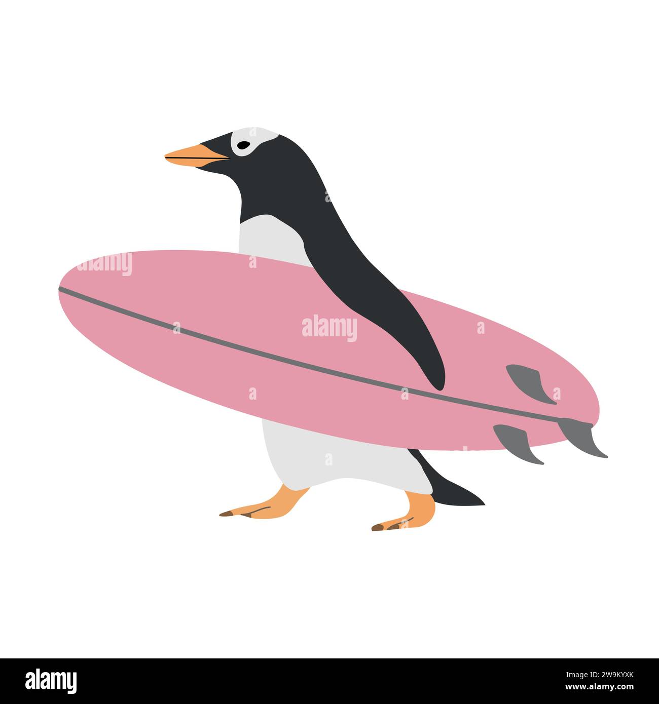 Vector hand drawn flat penguin with surf board isolated on white ...