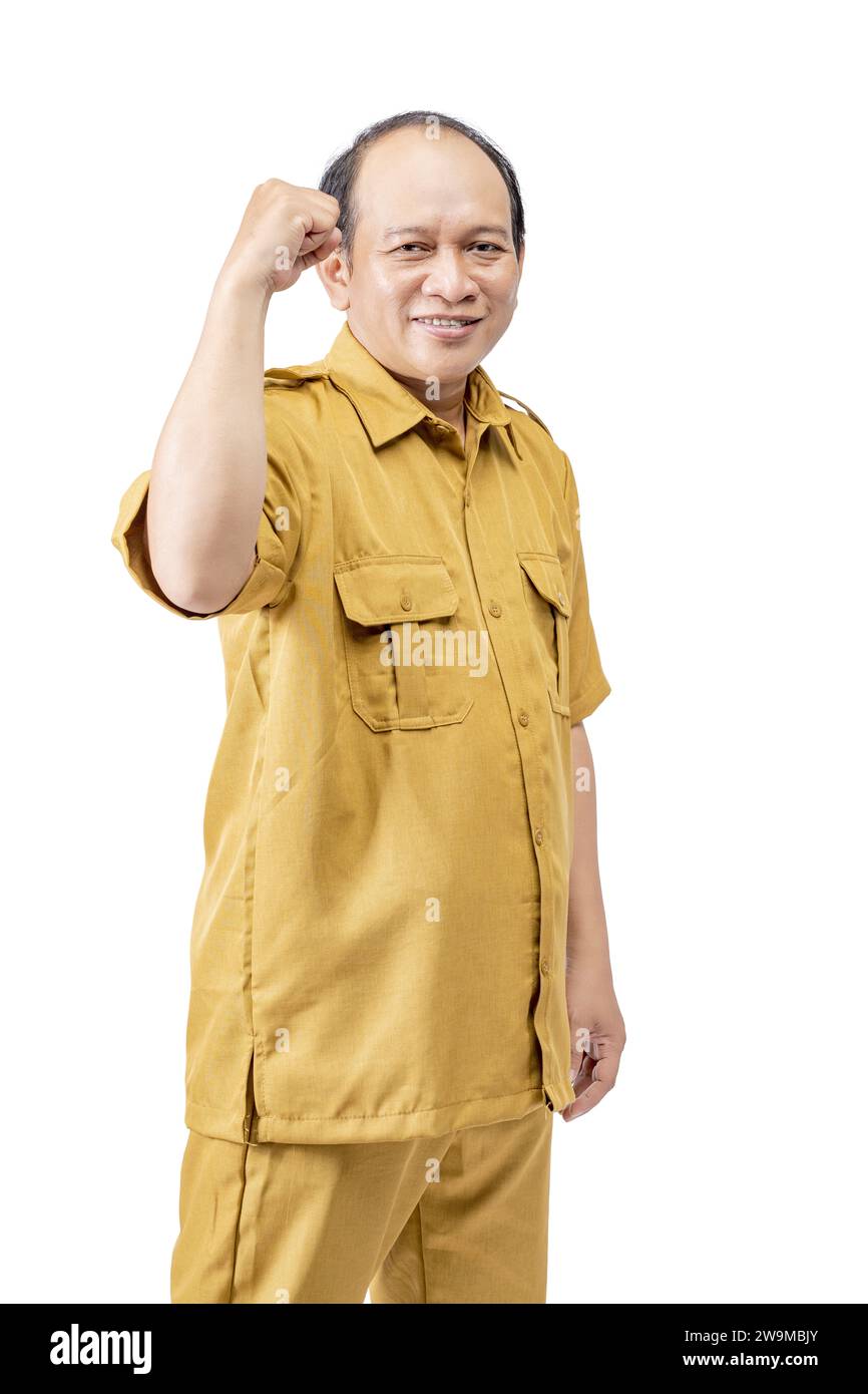 Civil servant man standing with hand gesture isolated over a white ...