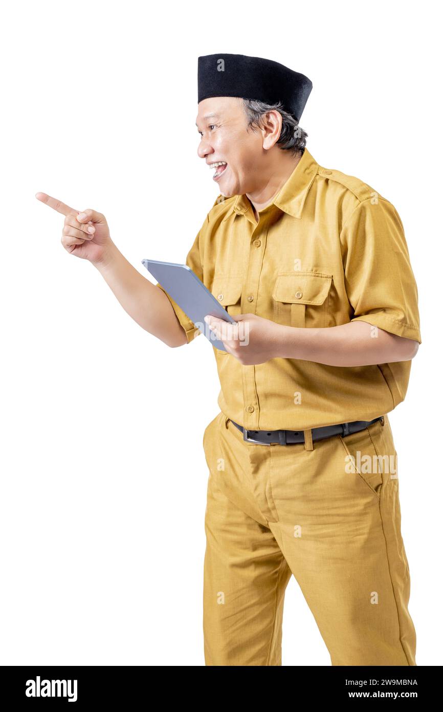 A civil servant man using a tablet isolated over a white background ...