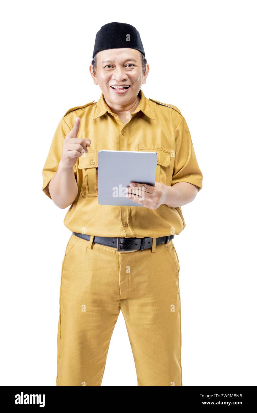 A civil servant man using a tablet isolated over a white background ...