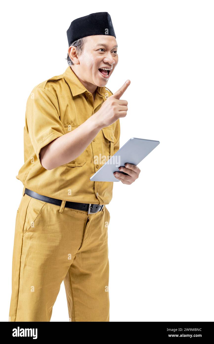 A civil servant man using a tablet isolated over a white background ...