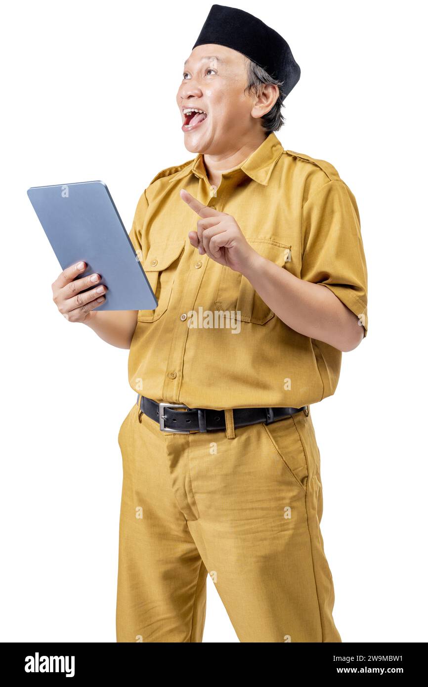 A civil servant man using a tablet isolated over a white background ...