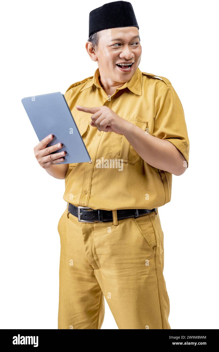 A civil servant man holding a tablet isolated over a white background ...