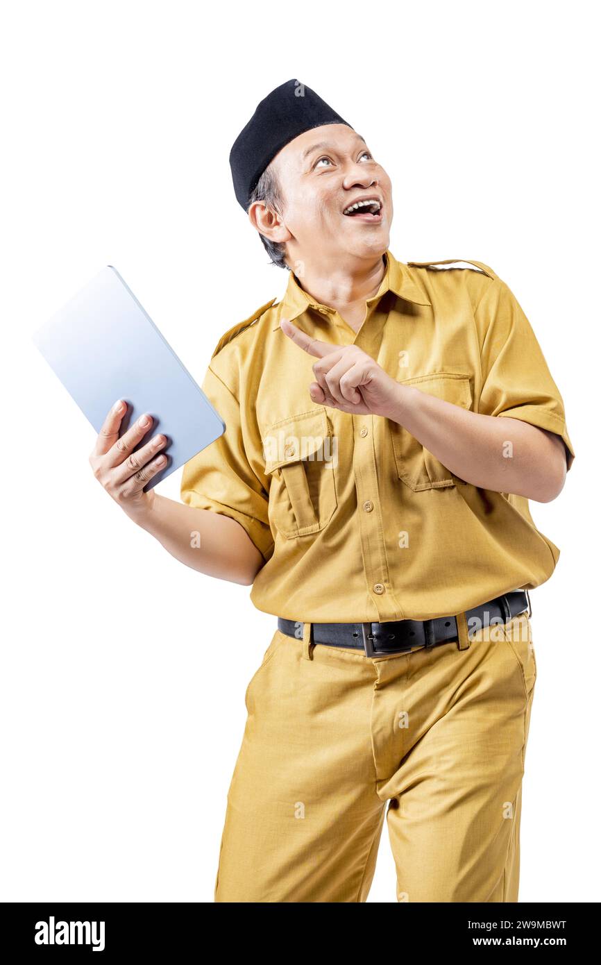 A civil servant man holding a tablet isolated over a white background ...