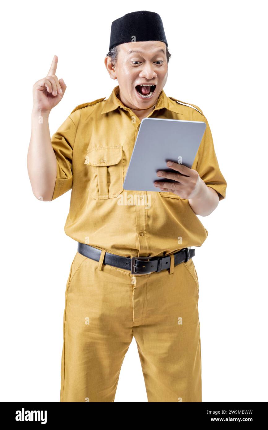 A civil servant man using a tablet isolated over a white background ...
