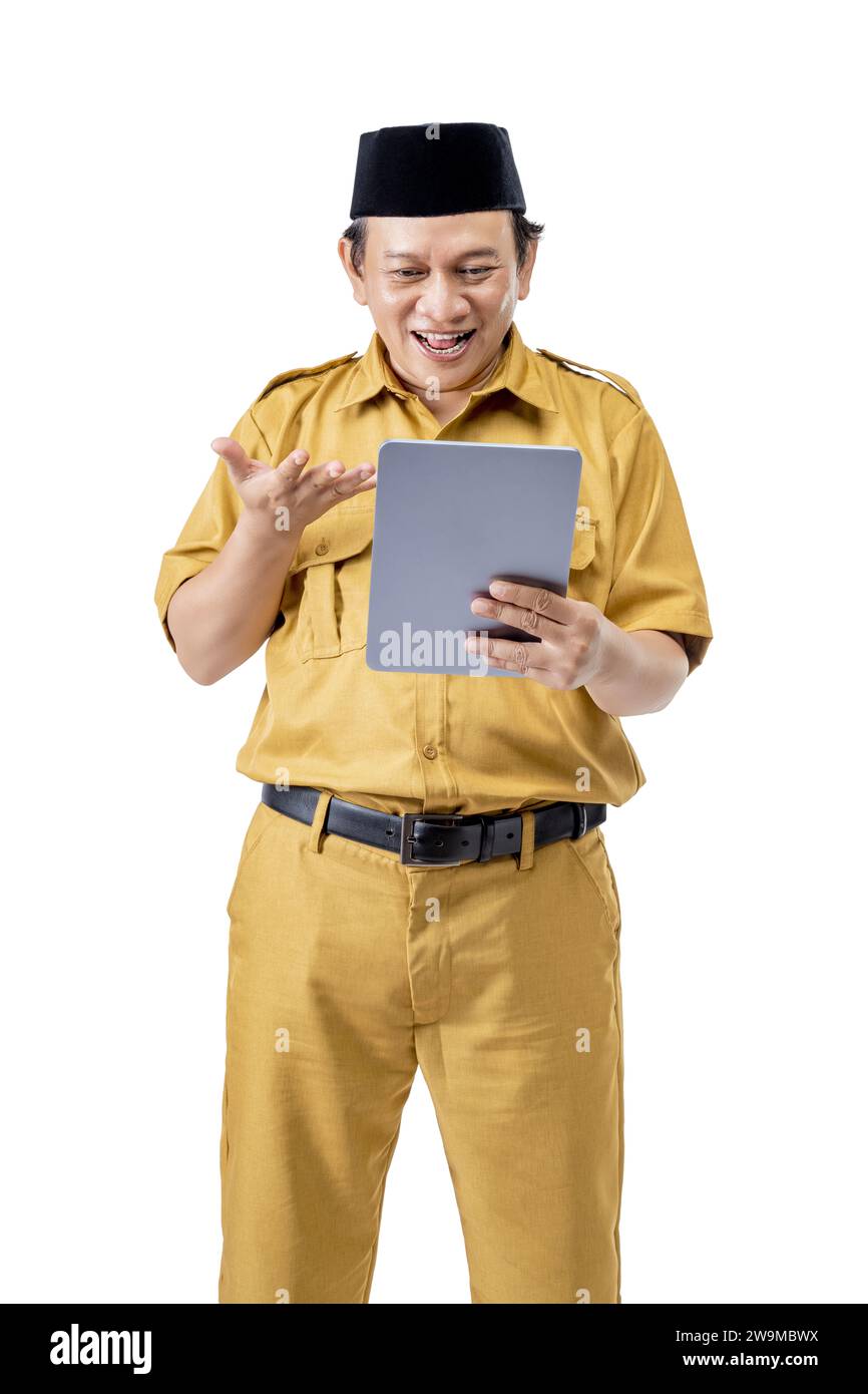A civil servant man using a tablet isolated over a white background ...