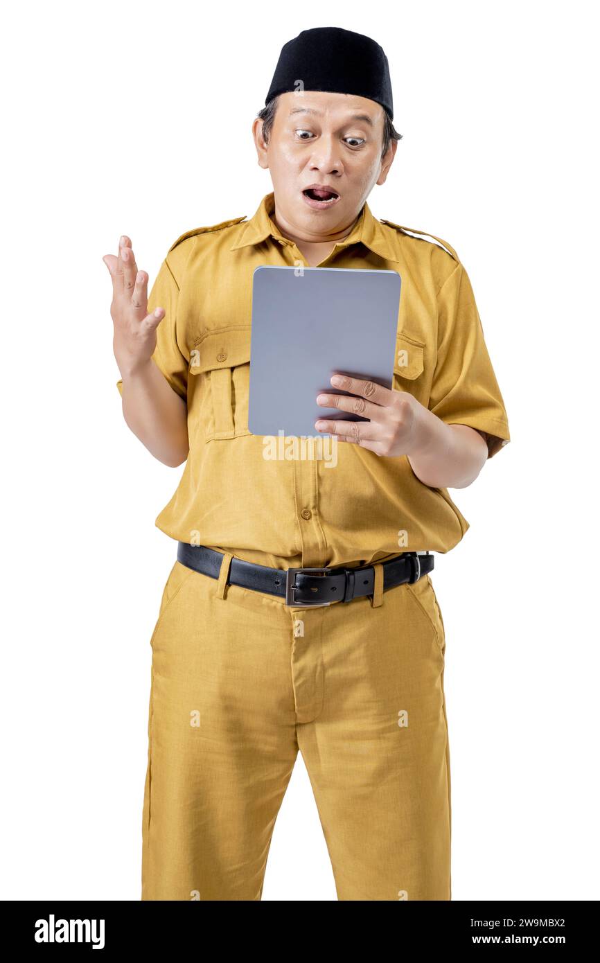 A civil servant man using a tablet isolated over a white background ...